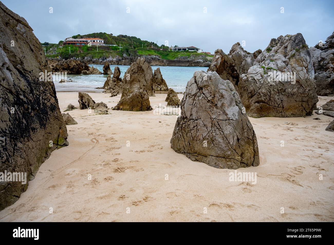 View on rocks on Playa de Toro in Llanes, Green coast of Asturias ...