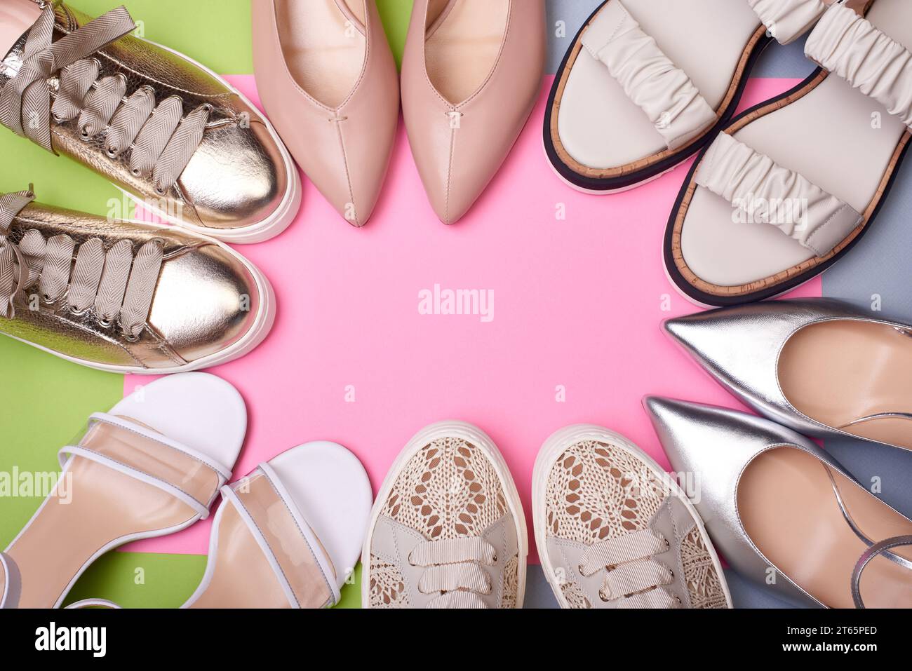 Variety of stylish summer women's shoes on the color background. Flat ...