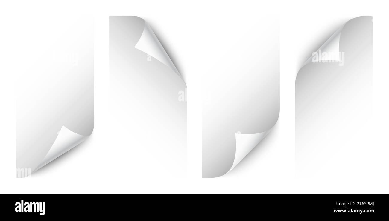 Set of white paper curls. Curled page corner with shadow. Blank sheet ...