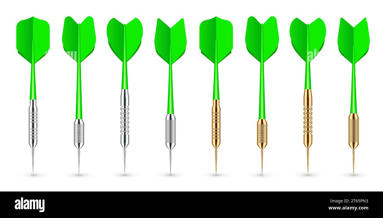 Green dart arrows with metal tip and shadow. Dart throwing sport game ...