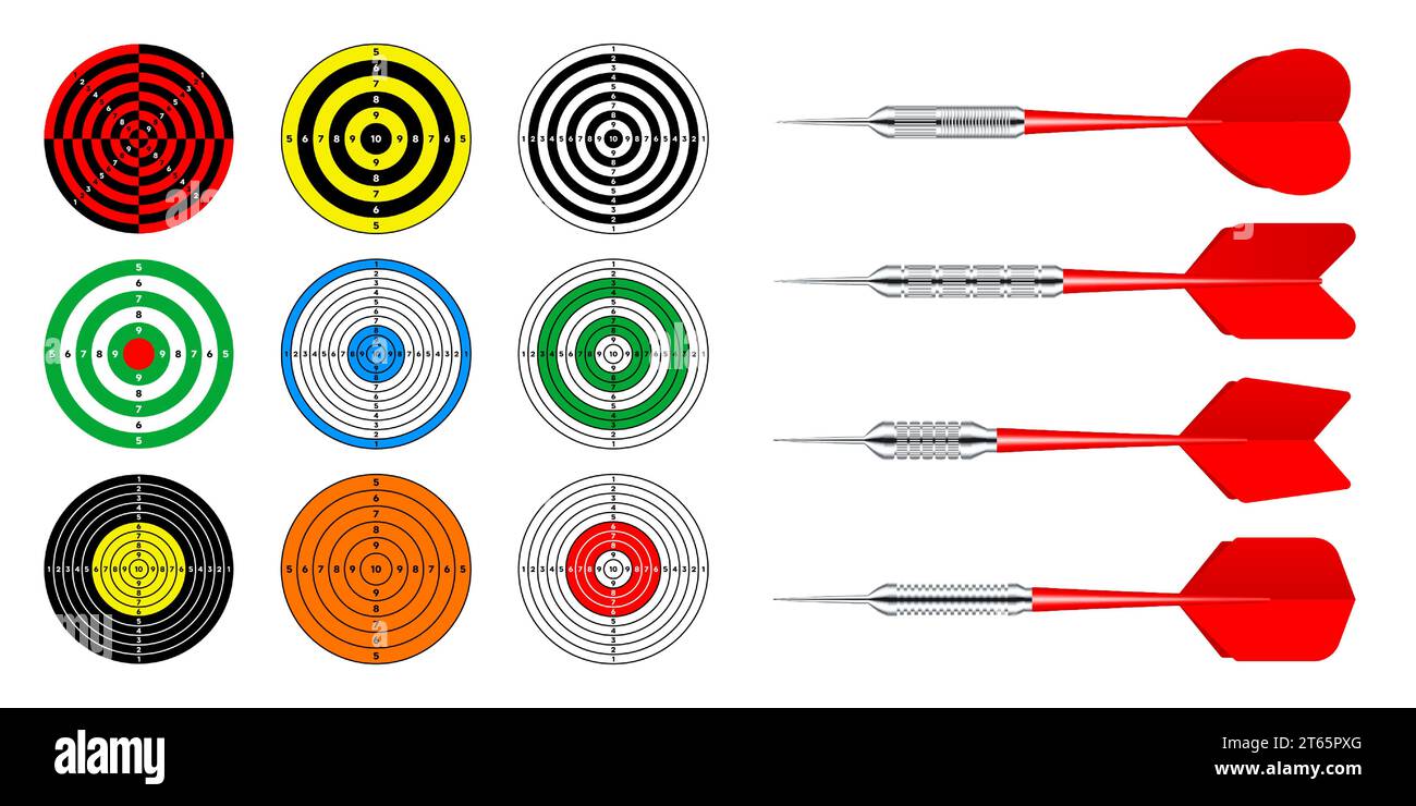 Paper targets with dart arrows. Shooting range round target, divisions ...