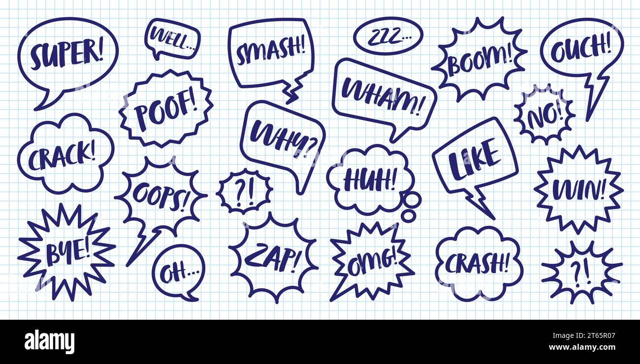 Hand drawn comic speech bubbles on checkered paper sheet. School ...