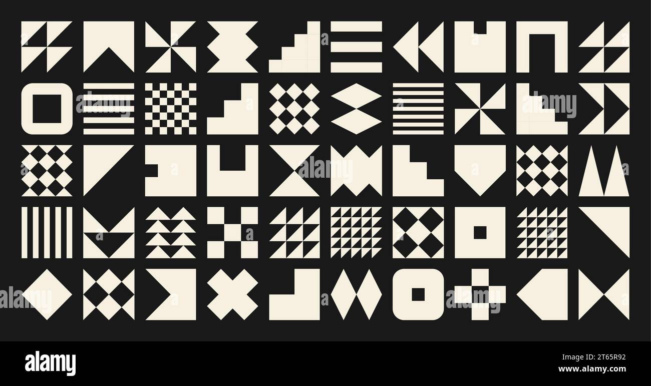 Brutalist geometric shapes, colorful symbols. Simple primitive elements and forms. Bauhaus retro ...