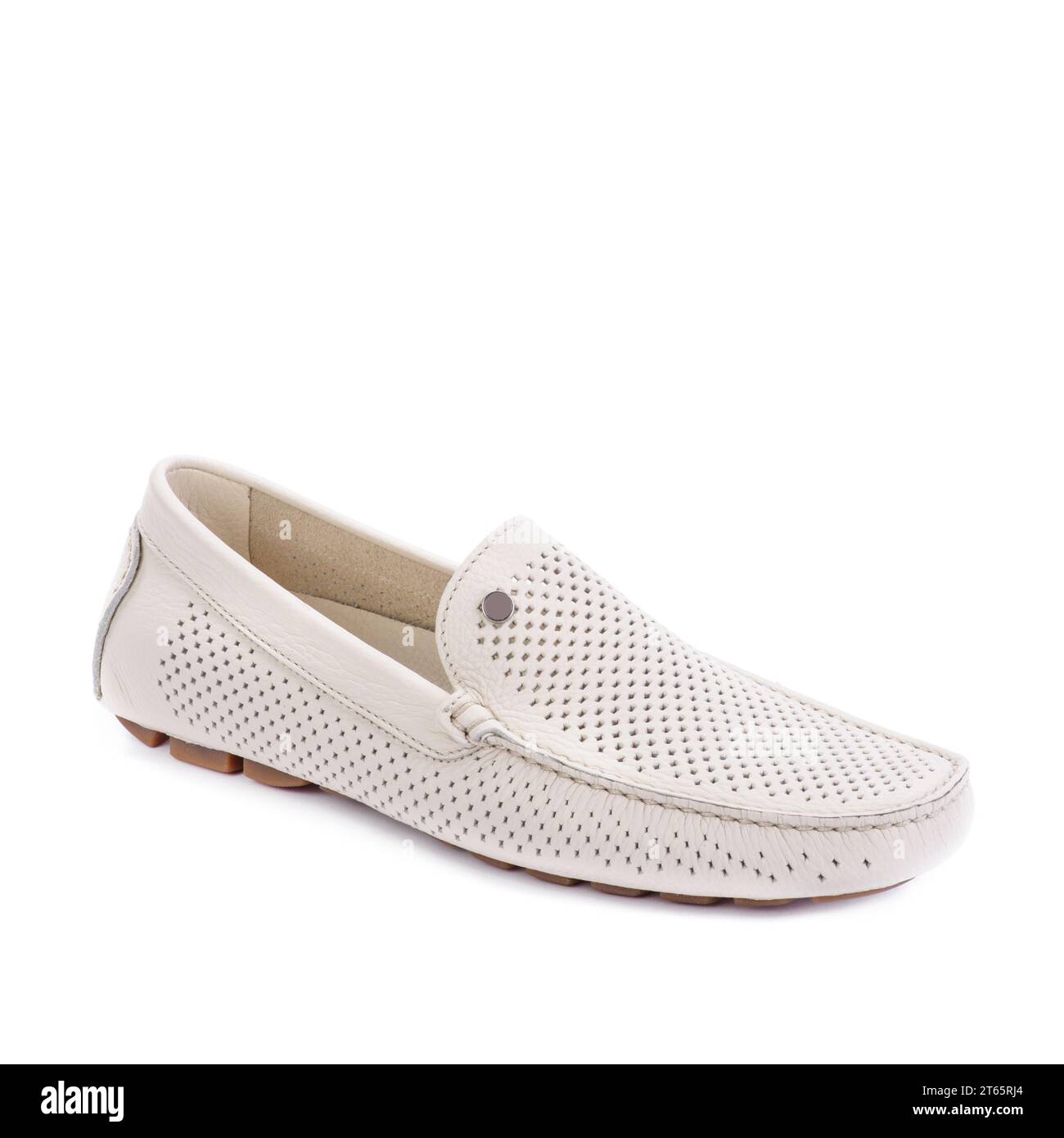 Top view of stylish ivory perforated leather men's moccasin shoe ...