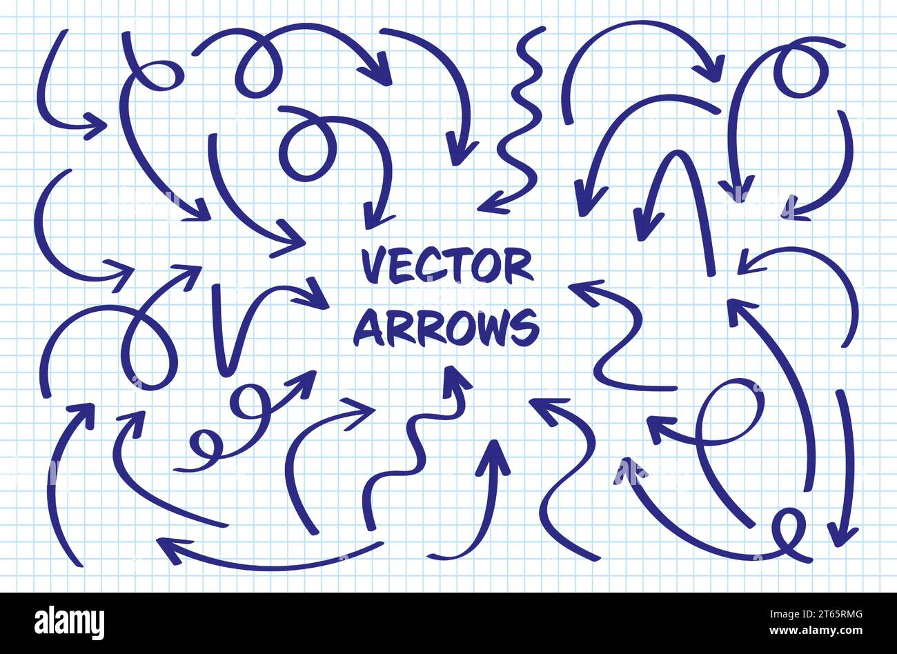 Hand drawn arrows on checkered paper sheet. School notebook for drawing ...