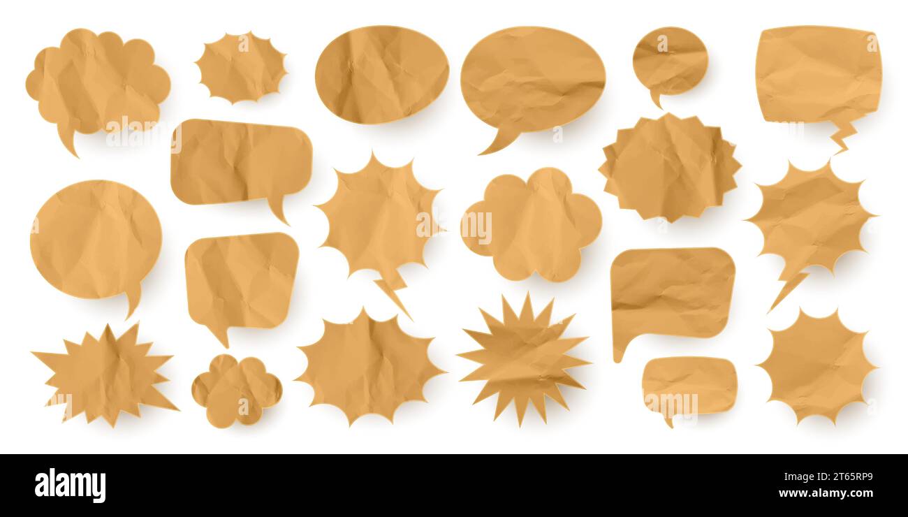 Crumpled paper comic speech bubbles. Hand drawn retro cartoon stickers ...