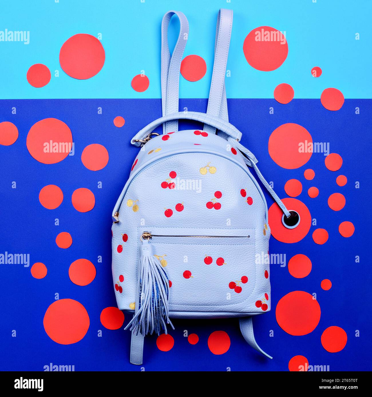 Trendy women's backpack from light blue leather with cherry print, with ...