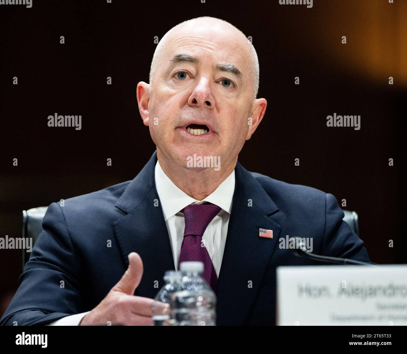 U.S. Secretary of Homeland Security Alejandro Mayorkas speaking at a ...