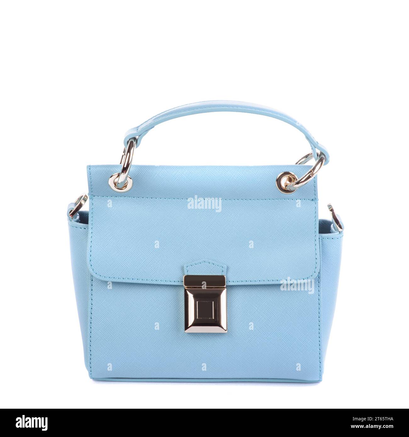 Modern sky blue leather female top-handle bag with gold metal clasp and ...