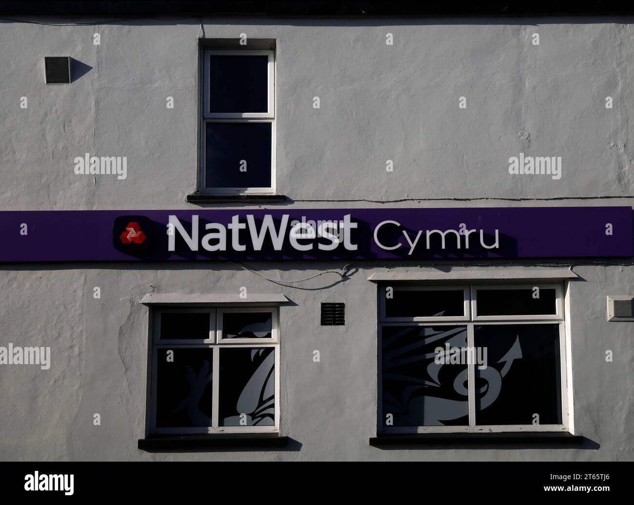 NatWest Cymru sign and logo with dragon design on window, on side of ...