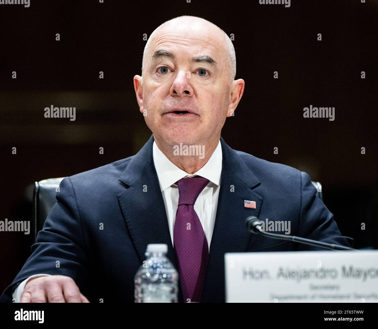 U.S. Secretary of Homeland Security Alejandro Mayorkas speaking at a ...