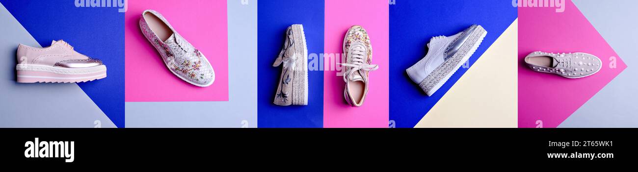 Collage of 5 different women's shoes in a pastel color on a bright ...