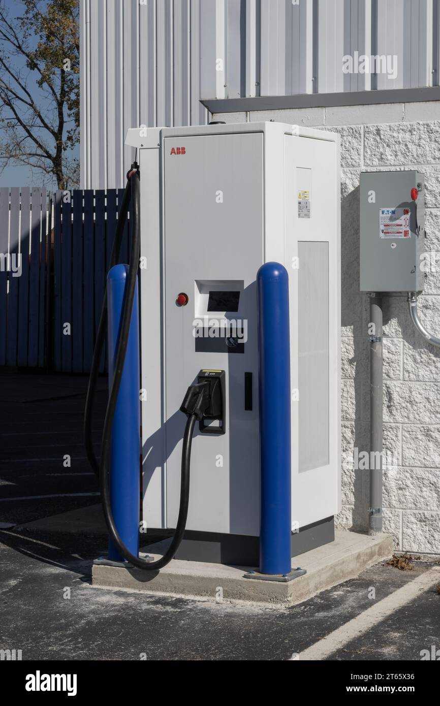 Plainfield - November 5, 2023: ABB Electric Vehicle Charger with a CCS connection. ABB offers ...