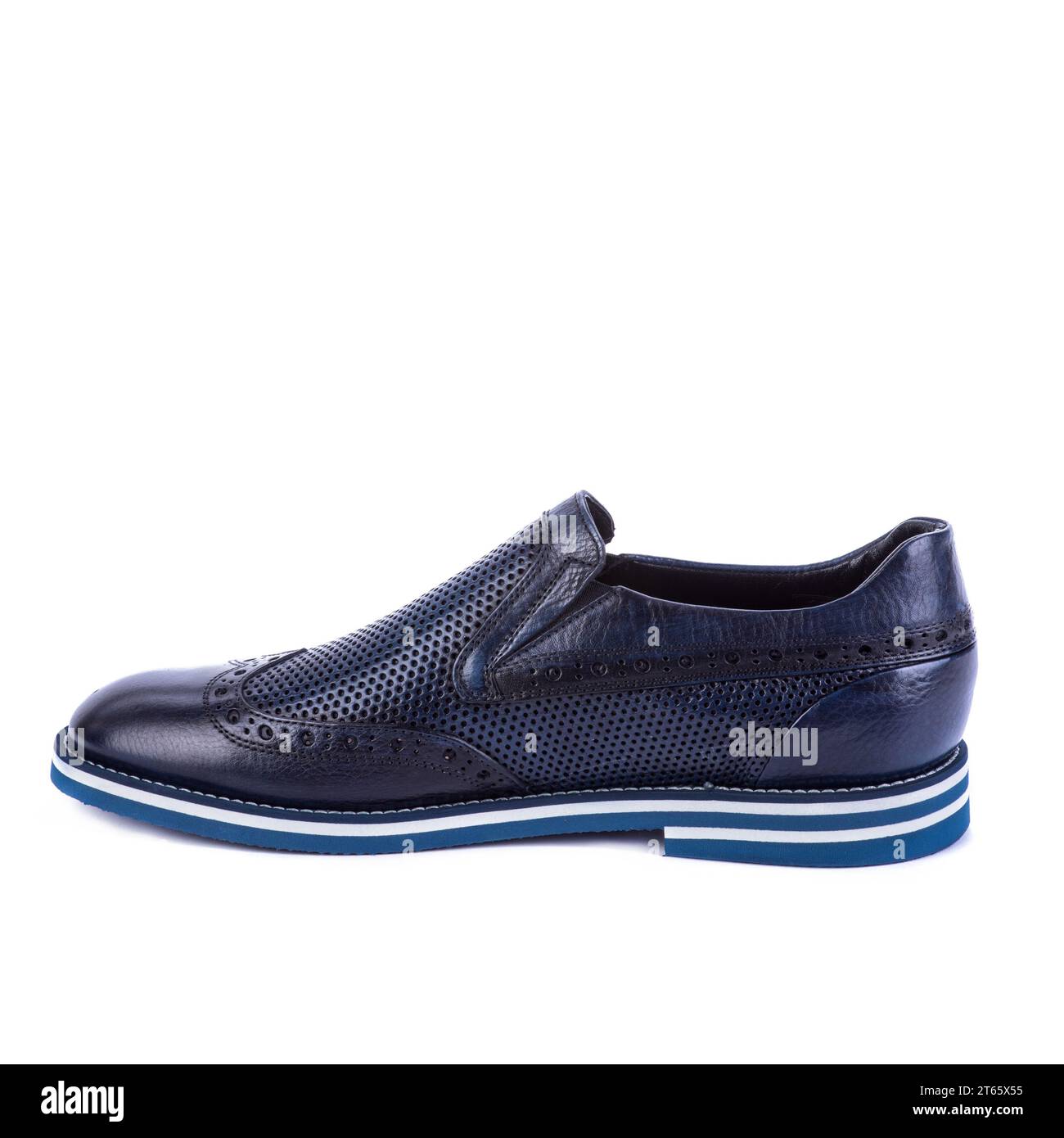 Fashionable men's dark blue perforated leather brogue shoe with striped ...