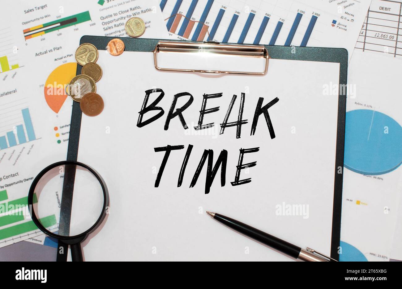 paper tag written break time over white background Stock Photo - Alamy
