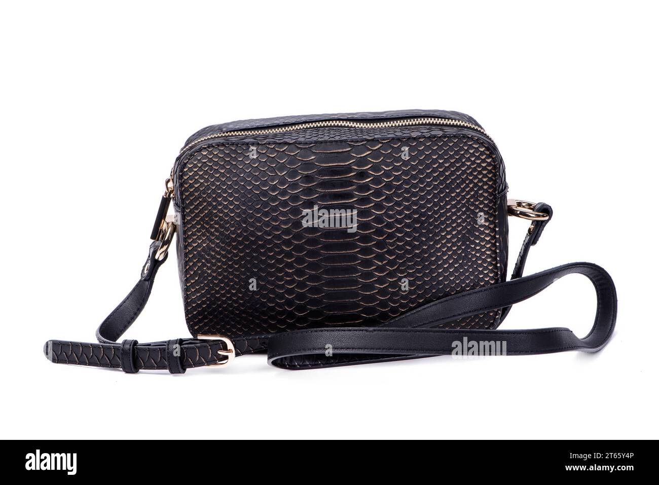 New women's black python leather bag with shoulder strap and zipper ...