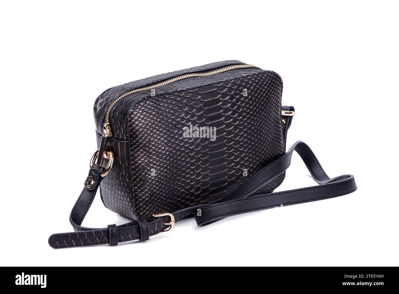 Bold women's black python leather bag with shoulder strap and zipper ...