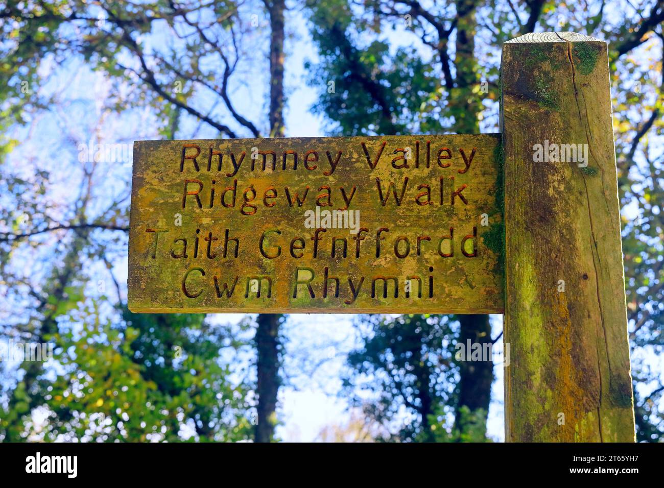 Wooden signpost for Rhumney Valley Ridgeway Walk / Taith Cefnffordd Cwm ...