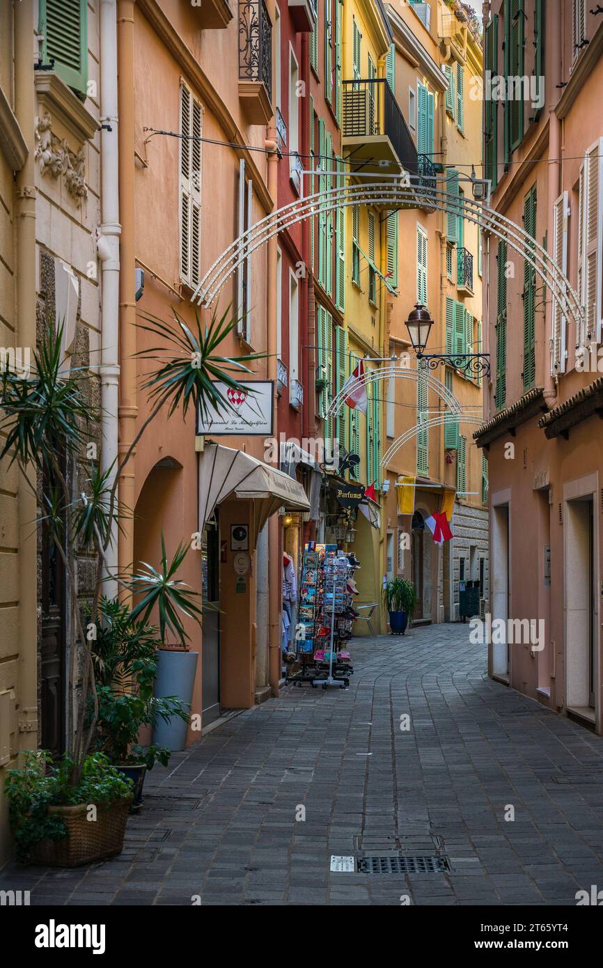 Monaco - Feb 15 2023: Rue Basse - colorful pedestrian street in the old ...