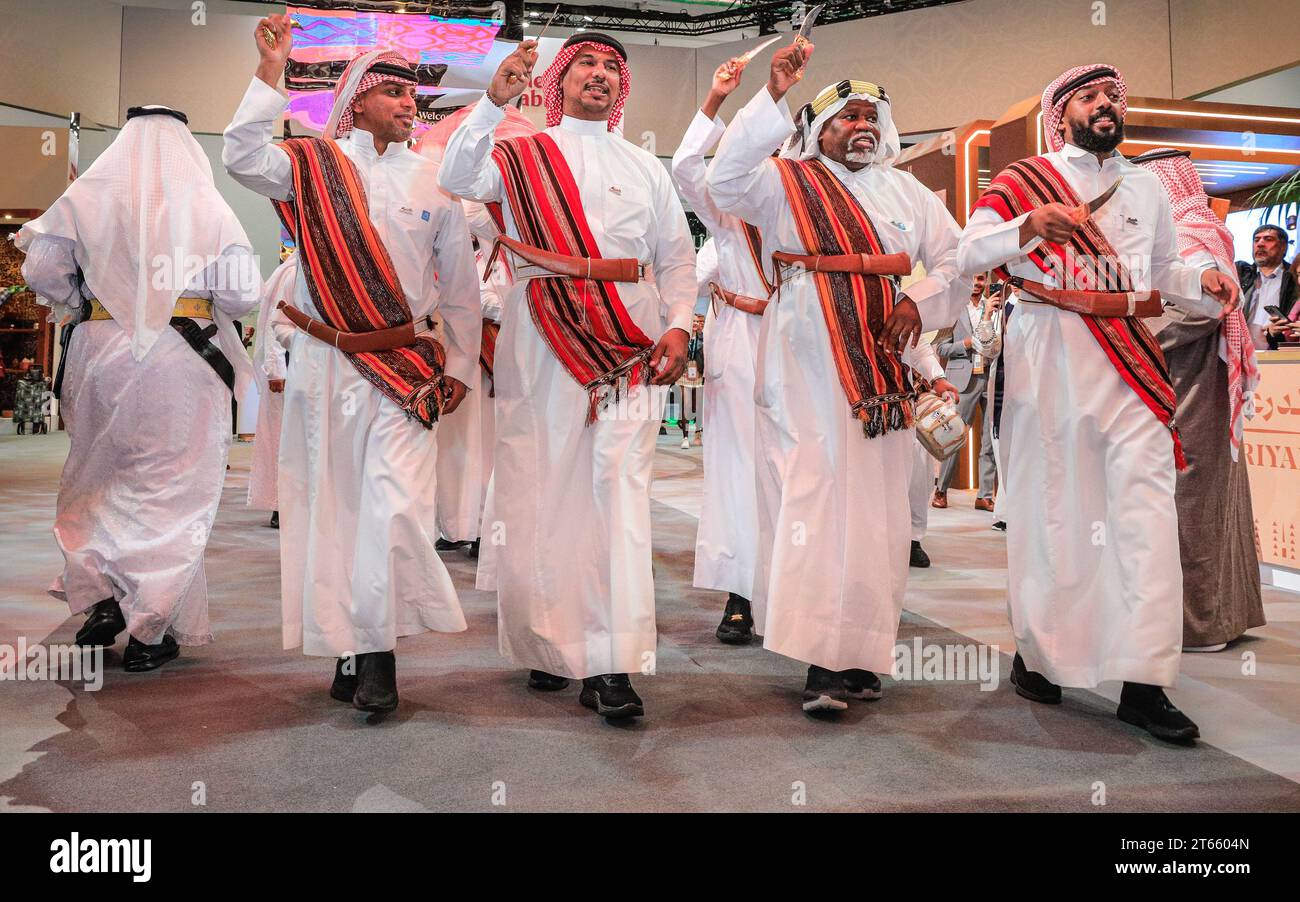 London, UK. 08th Nov, 2023. A group of Saudi men perform a traditional ...