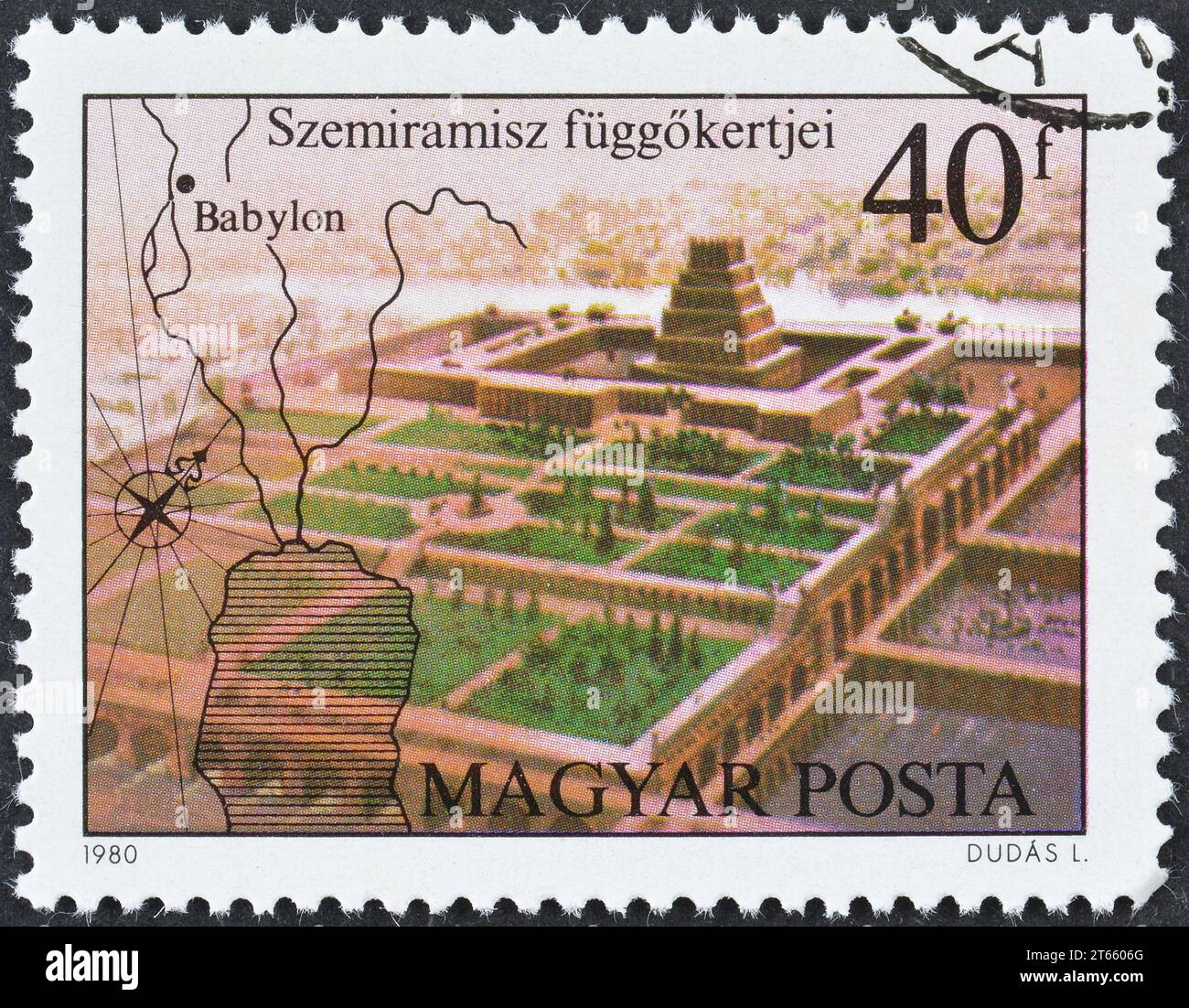 Cancelled postage stamp printed by Hungary, that shows Hanging Gardens ...
