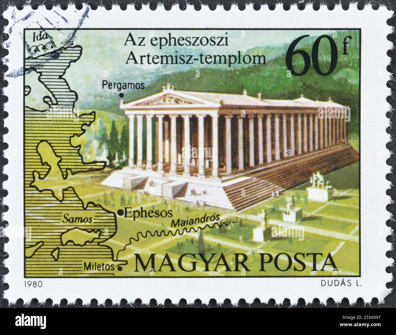 Cancelled postage stamp printed by Hungary, that shows Temple of ...