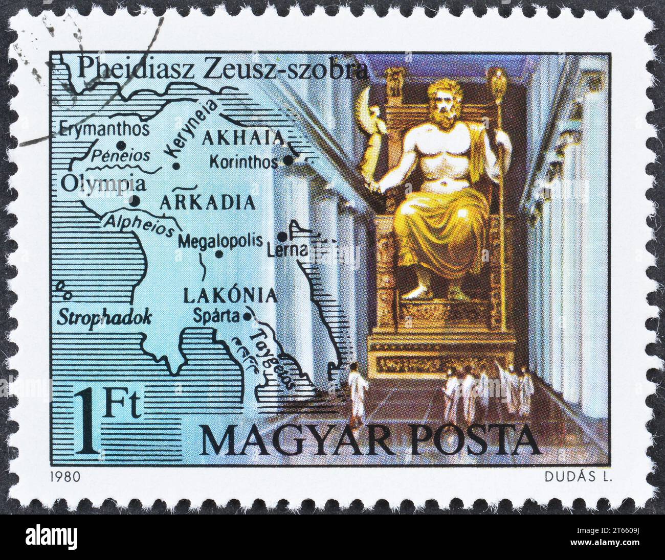 Cancelled postage stamp printed by Hungary, that shows Statue of Zeus ...