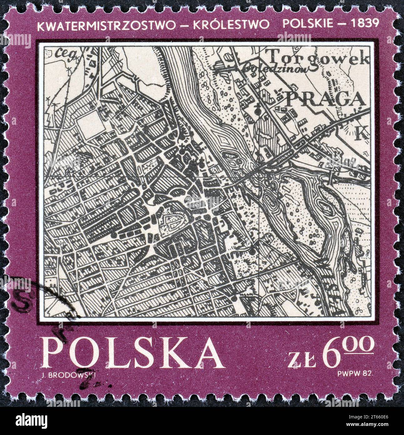 Cancelled postage stamp printed by Poland, that shows Map of Warsaw ...