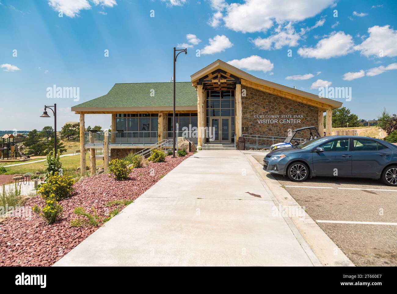 Post and beam visitor center building at Curt Gowdy State Park located ...