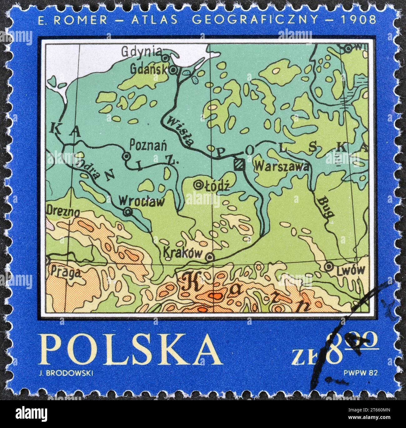 Cancelled postage stamp printed by Poland, that shows Map of Poland ...