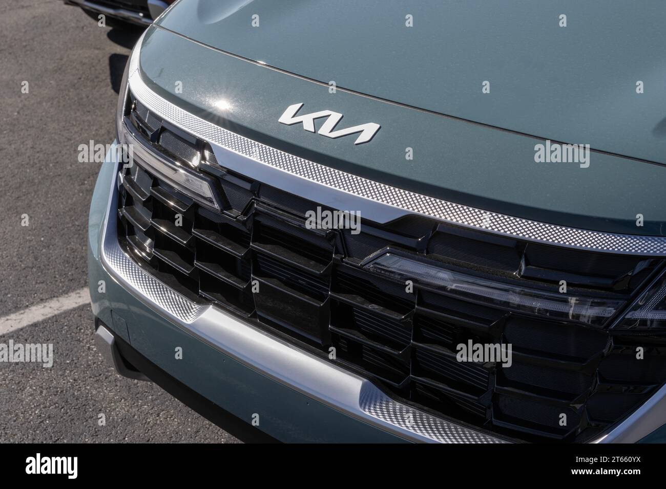 Avon - November 5, 2023: Kia Car, SUV and EV dealership. Kia offers the ...