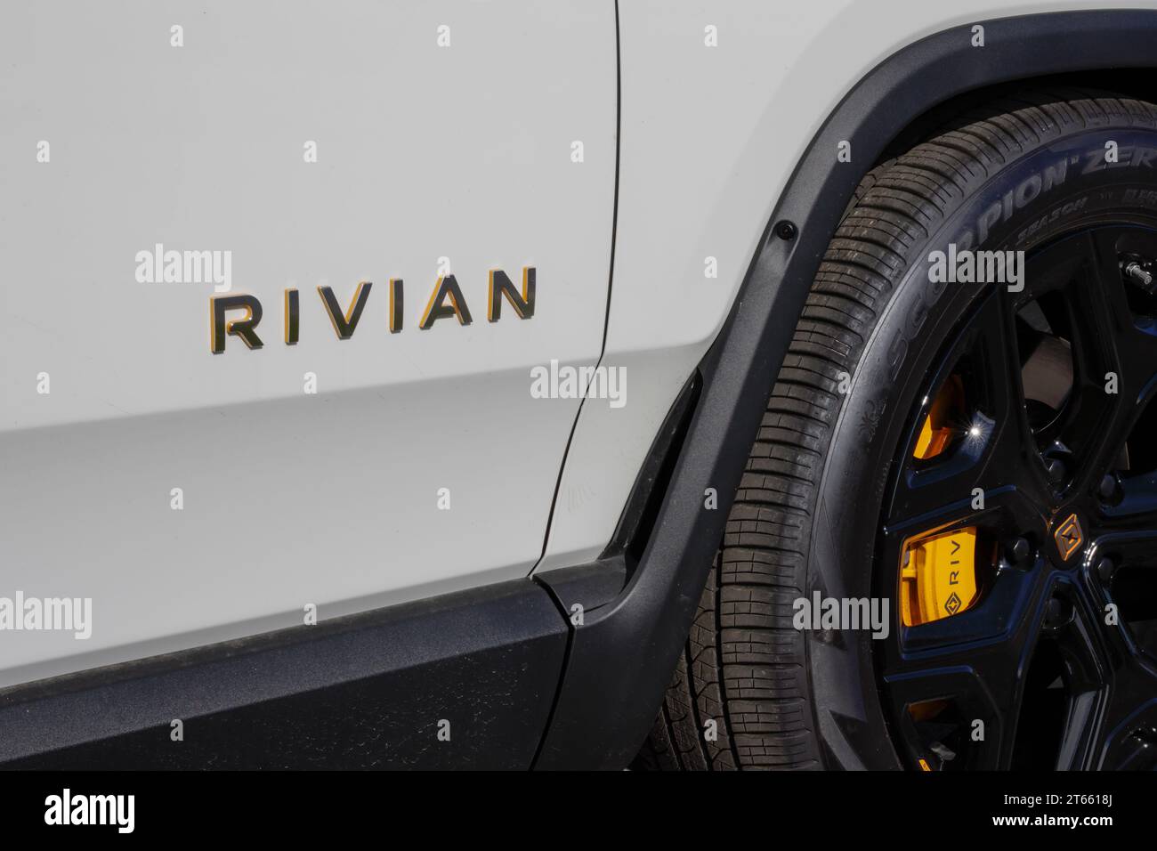 Ft. Wayne - November 7, 2023: Rivian R1S EV Electric Vehicle display at ...