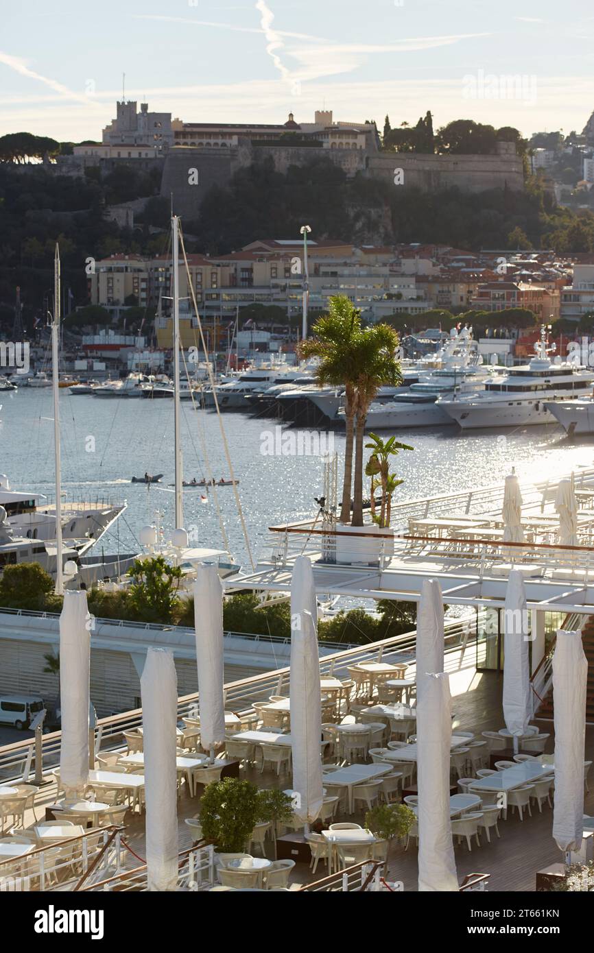 Monaco, Monte Carlo, 18 October 2022: Sunset panorama of port Hercule ...