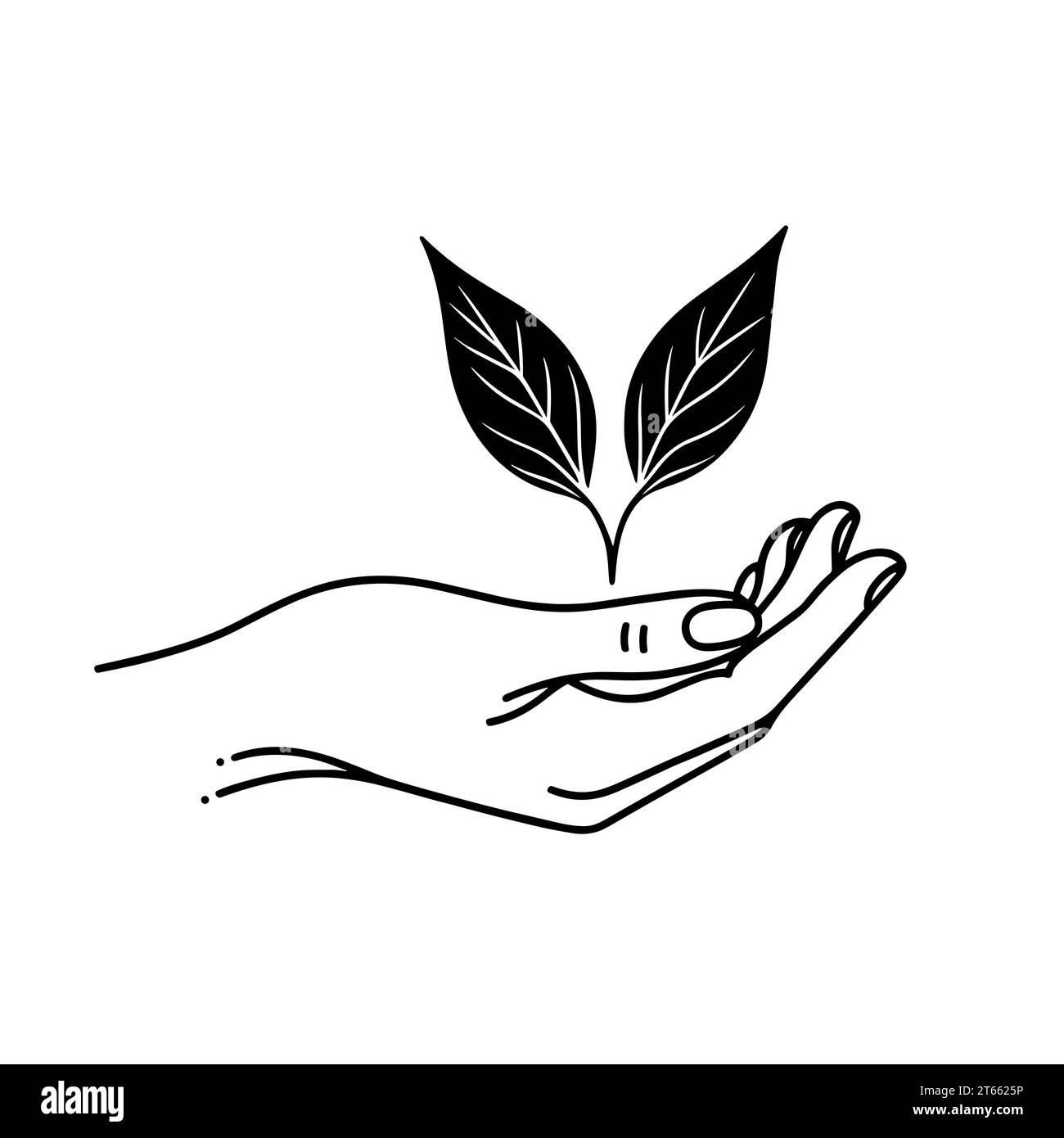 Silhouette of hands and leaf icon. A minimalist emblem of hands around ...