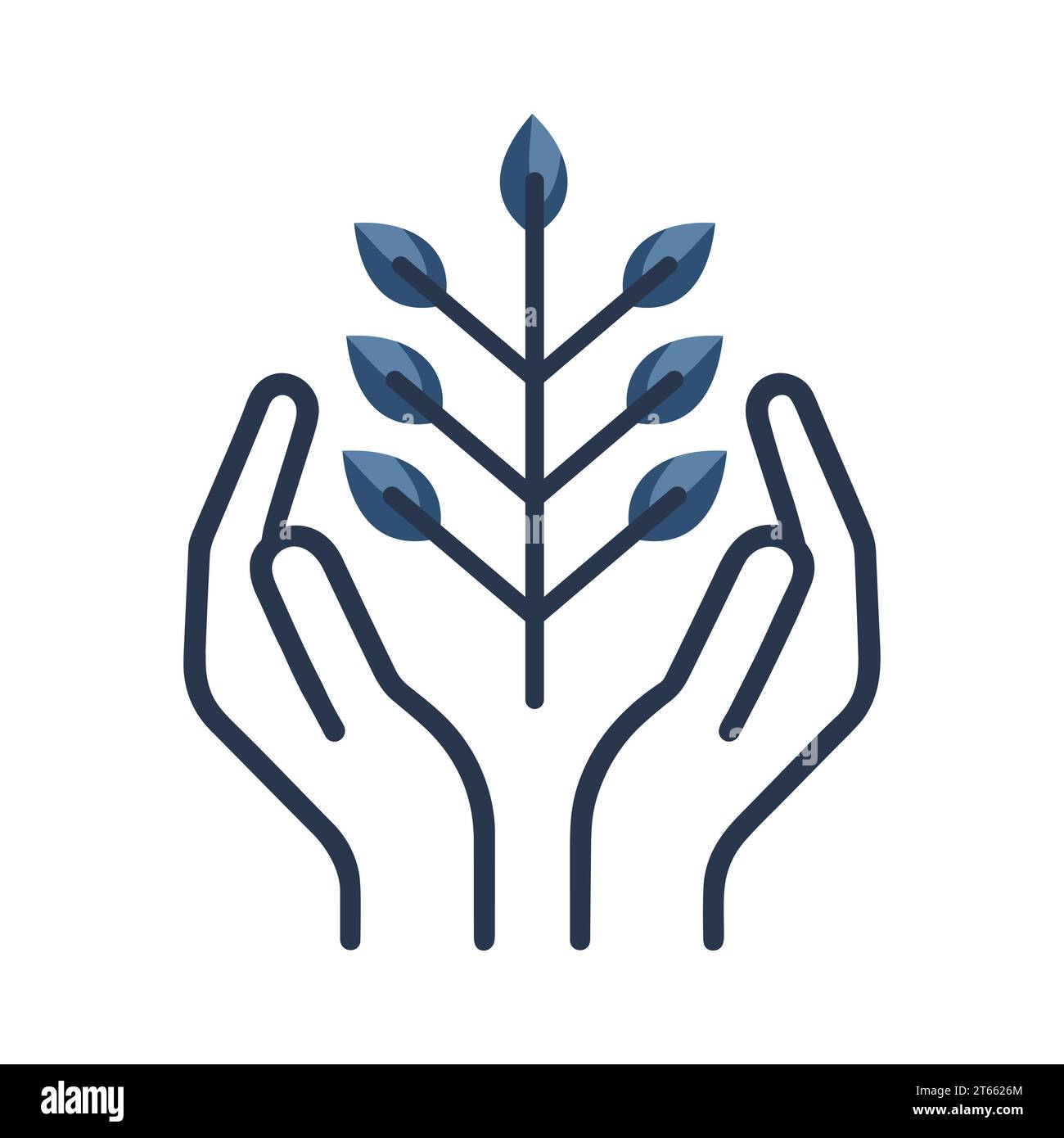 Silhouette of hands and leaf icon. A minimalist emblem of hands around ...
