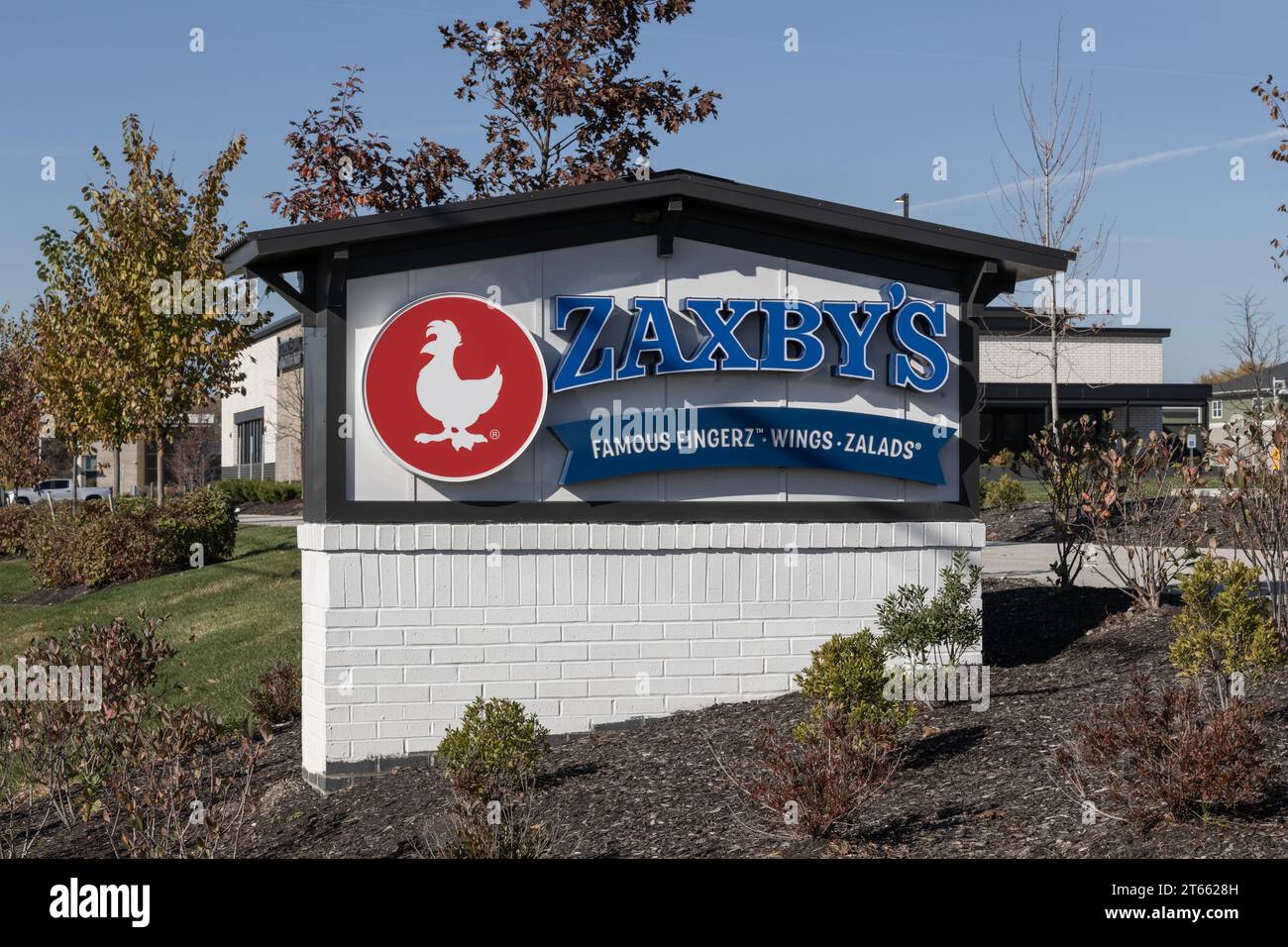 Avon - November 5, 2023: Zaxby's Chicken restaurant drive thru. Zaxby's has over 900 locations ...