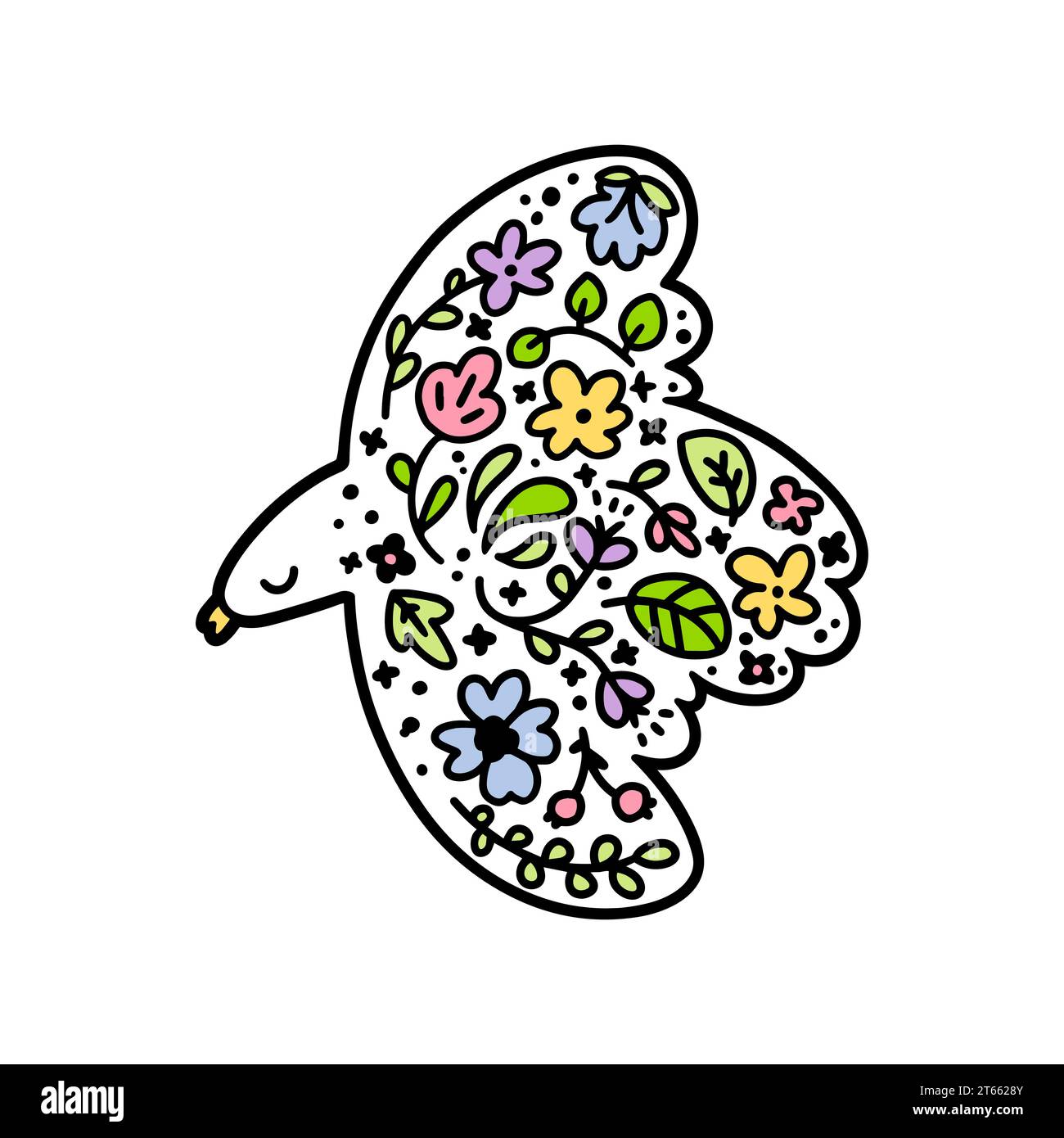 Colorful floral doodle bird illustration. Nature and spring concept ...