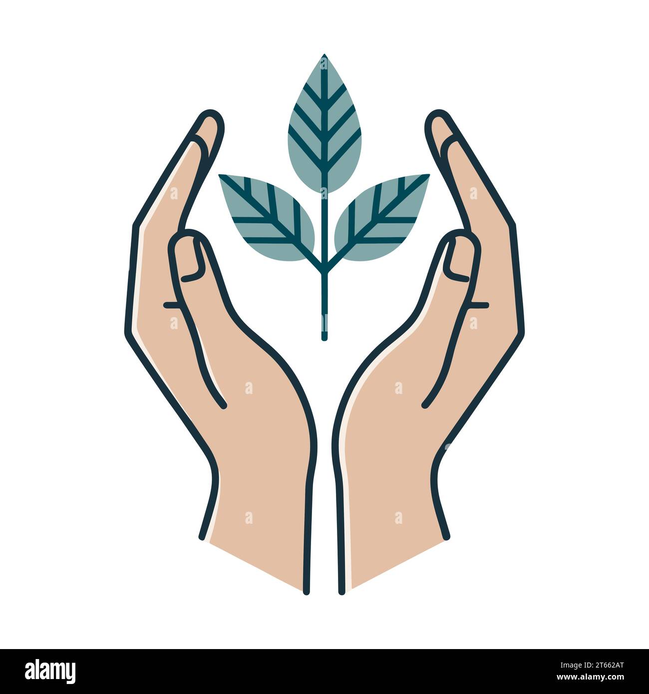 Silhouette of hands and leaf icon. A minimalist emblem of hands around ...