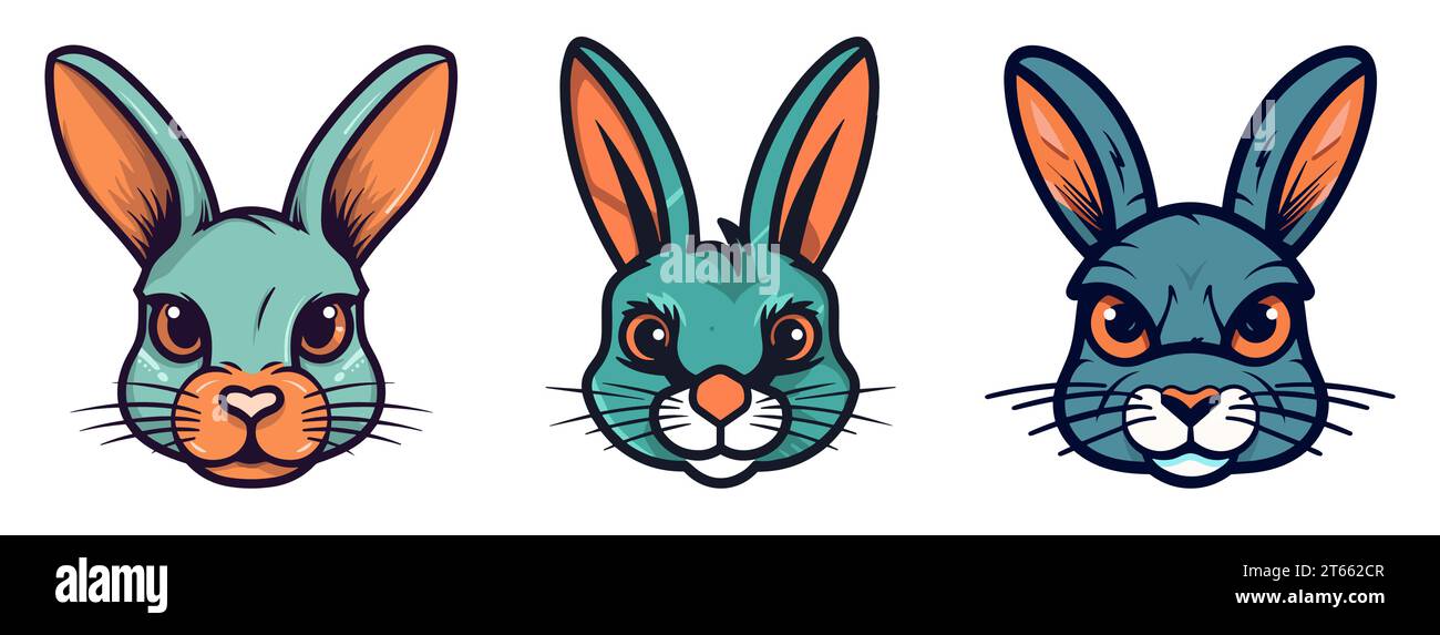 Set of rabbit faces. Cartoon image of a rabbit face in flat design ...