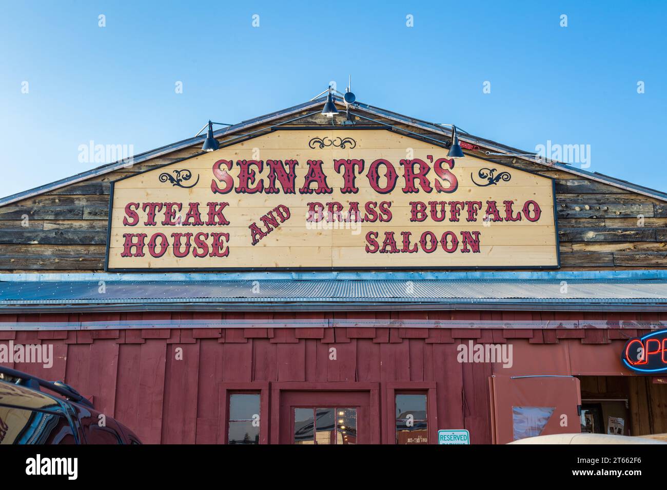 Sign above entrance to Senators Steak House and Brass Buffalo Saloon at ...