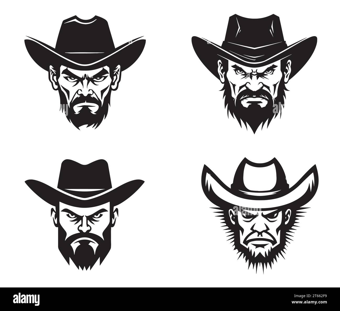 Angry cowboy in a hat set black and white on a white background Stock ...