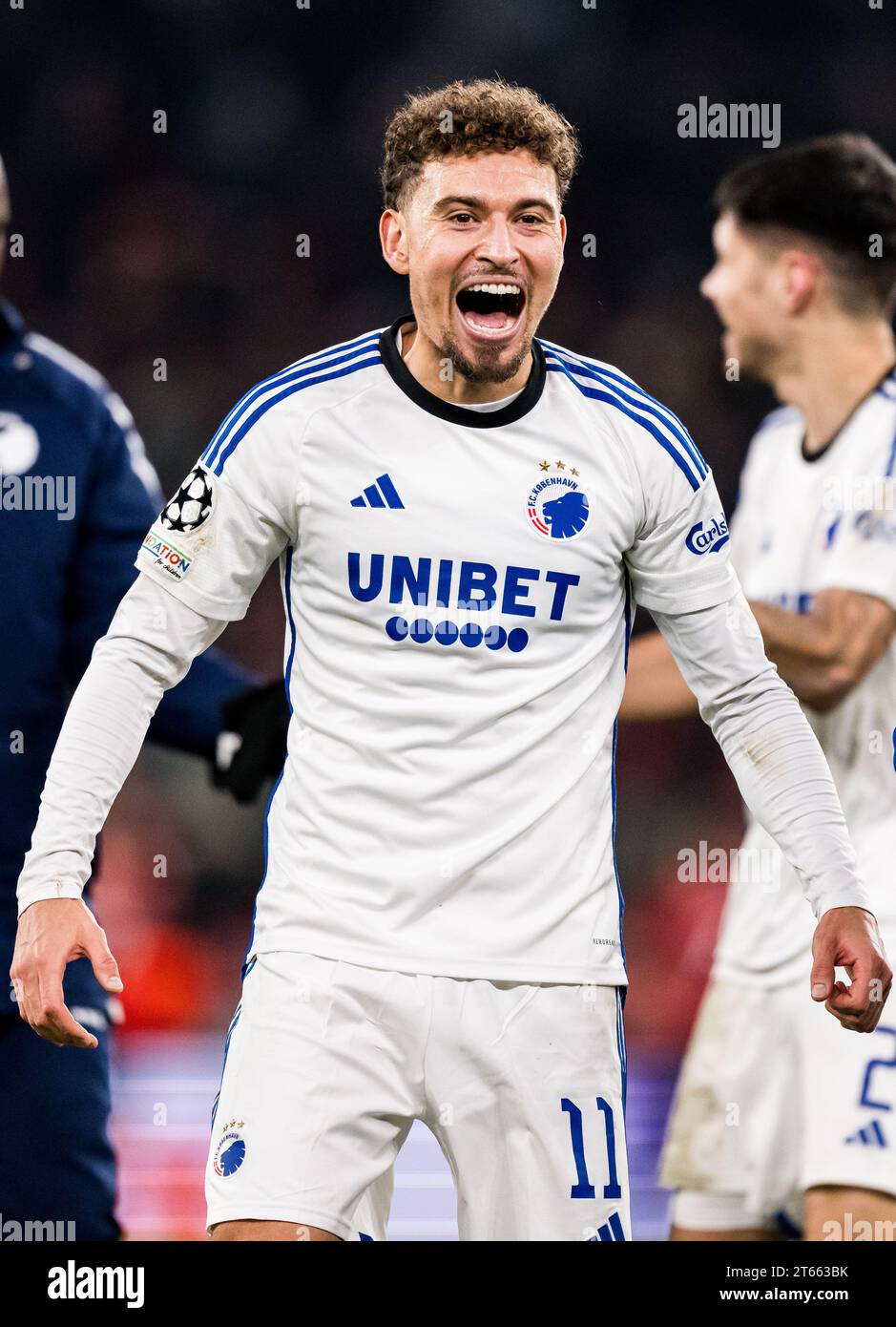 231108 Jordan Larsson of FC Copenhagen celebrates after the UEFA ...