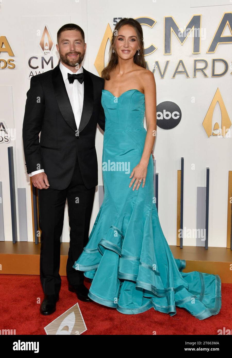 Chris Lane, left, and Lauren Lane arrive at the 57th Annual CMA Awards ...