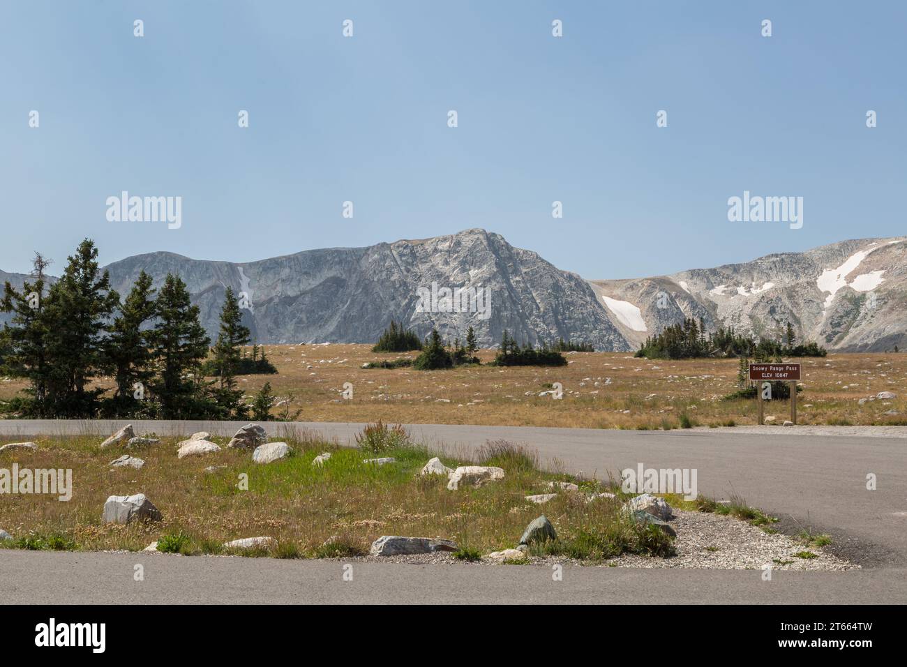 Snow remains in the mountains in August at the Snowy Range Pass in the ...