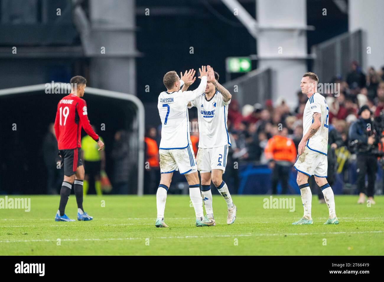 Copenhagen, Denmark. 08th Nov, 2023. Viktor Claesson (7) and Kevin Diks (2) of FC Copenhagen ...