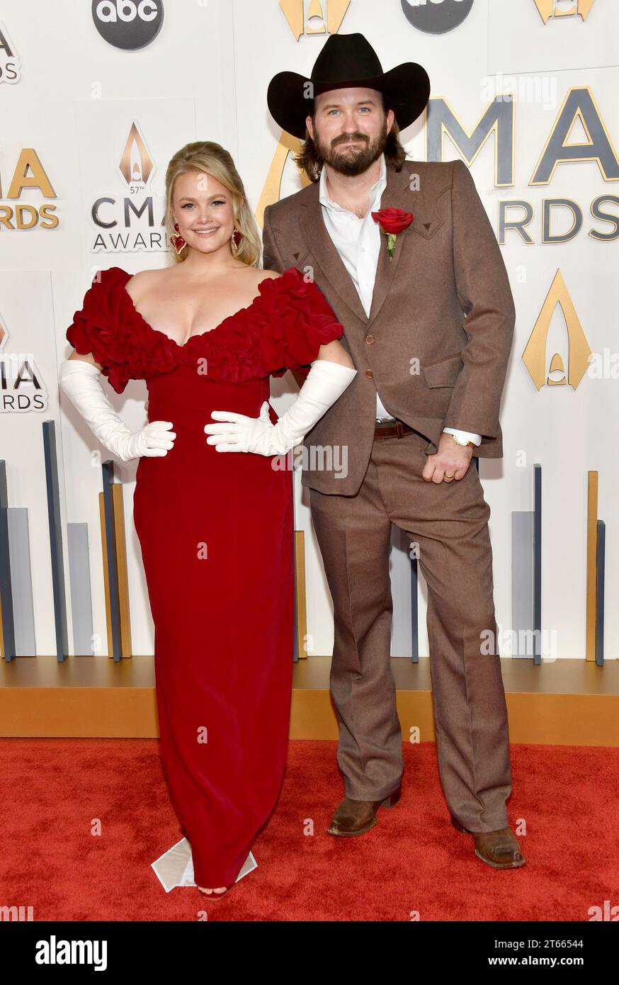 Hailey Whitters, left, and Jake Gear arrive at the 57th Annual CMA ...