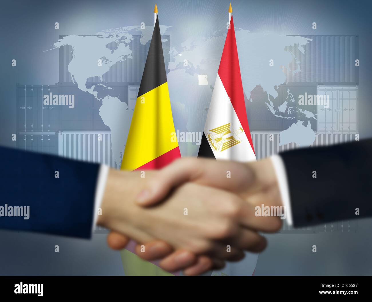 Two people shaking hands in front of Belgium and Egypt Stock Photo - Alamy