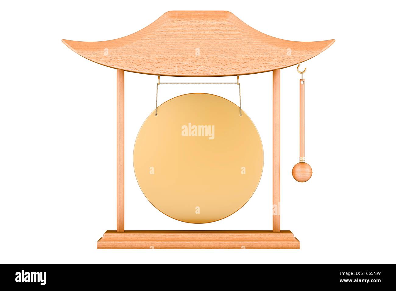 Golden gong on the wooden stand, 3D rendering isolated on white ...