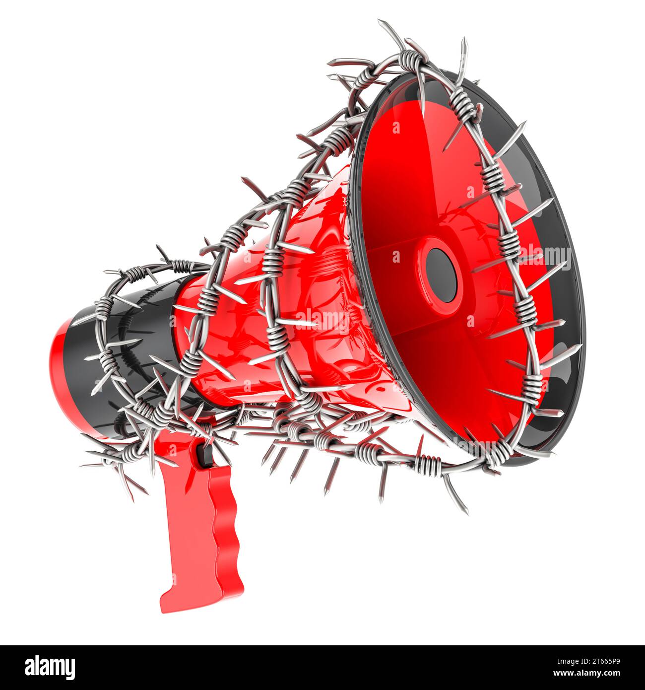 Megaphone with barbed wire. Freedom of speech prohibition, concept. 3D ...
