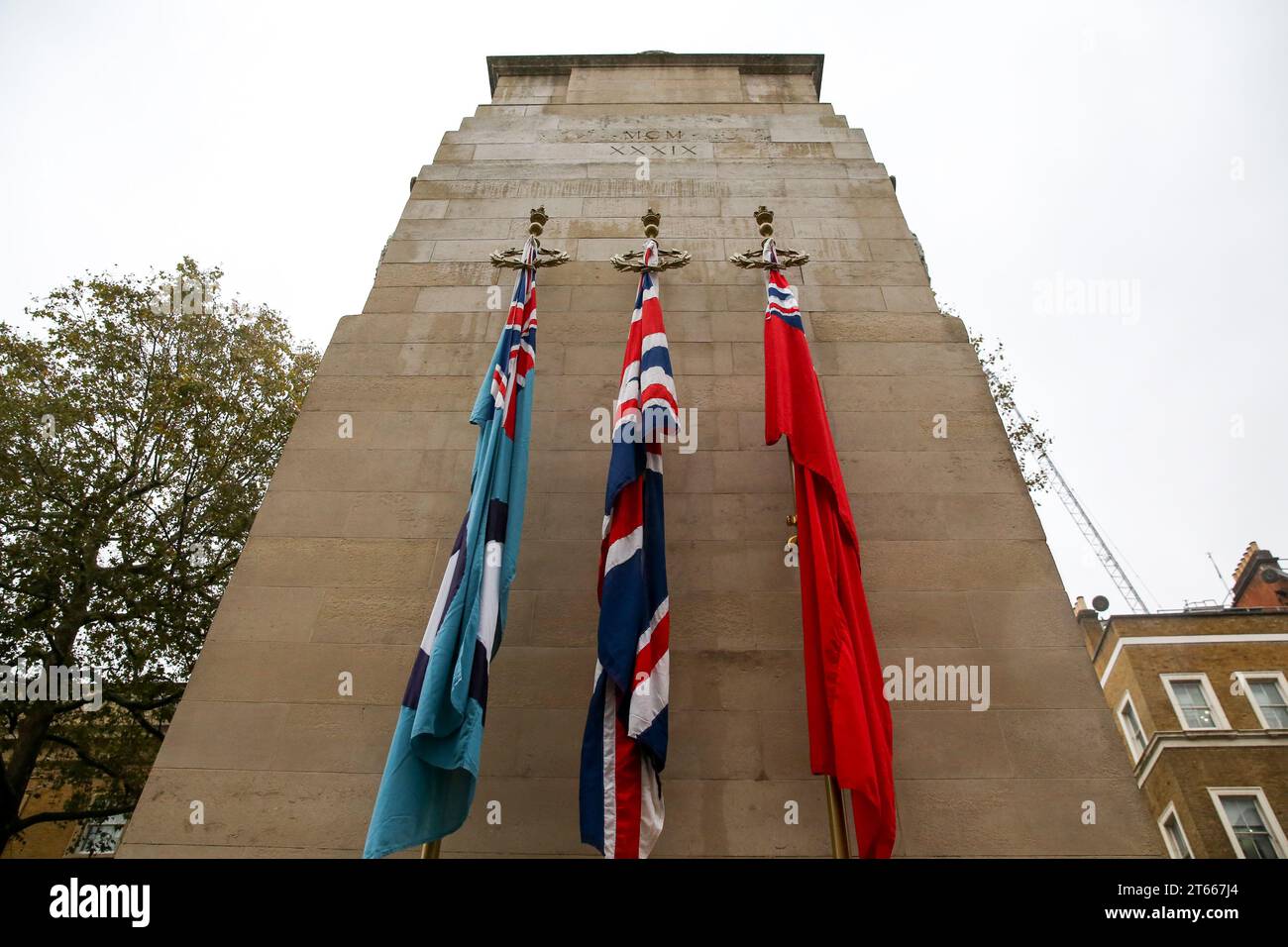 London, UK. 08th Nov, 2023. The flags have been placed at The Cenotaph ...